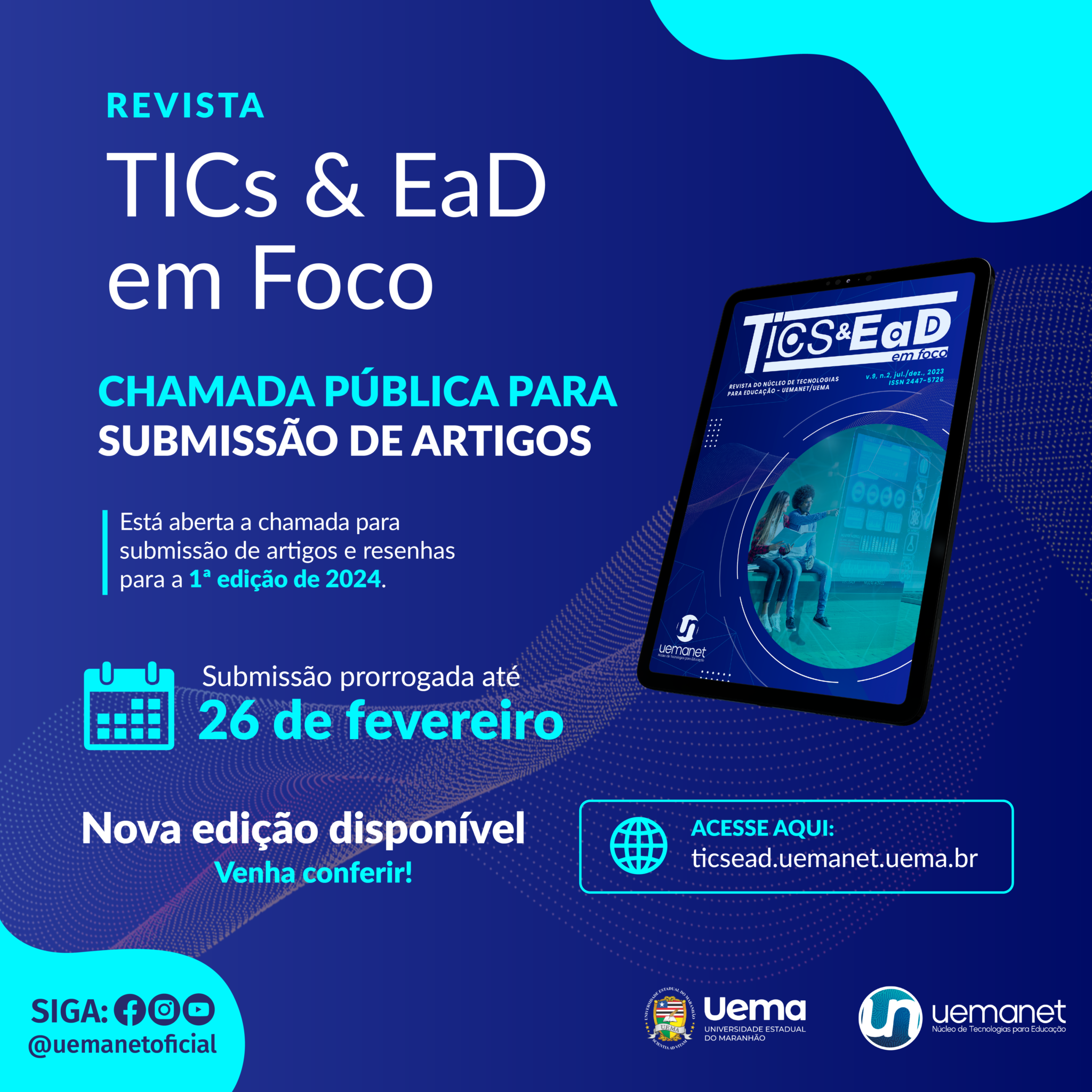 UEMA | Uemanet prorroga prazo para submissão de artigos na revista TICs & EaD em Foco